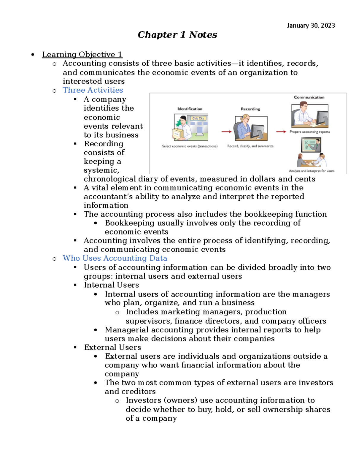 Chapter 1 Notes - Chapter 1 Notes Learning Objective 1 o Accounting ...
