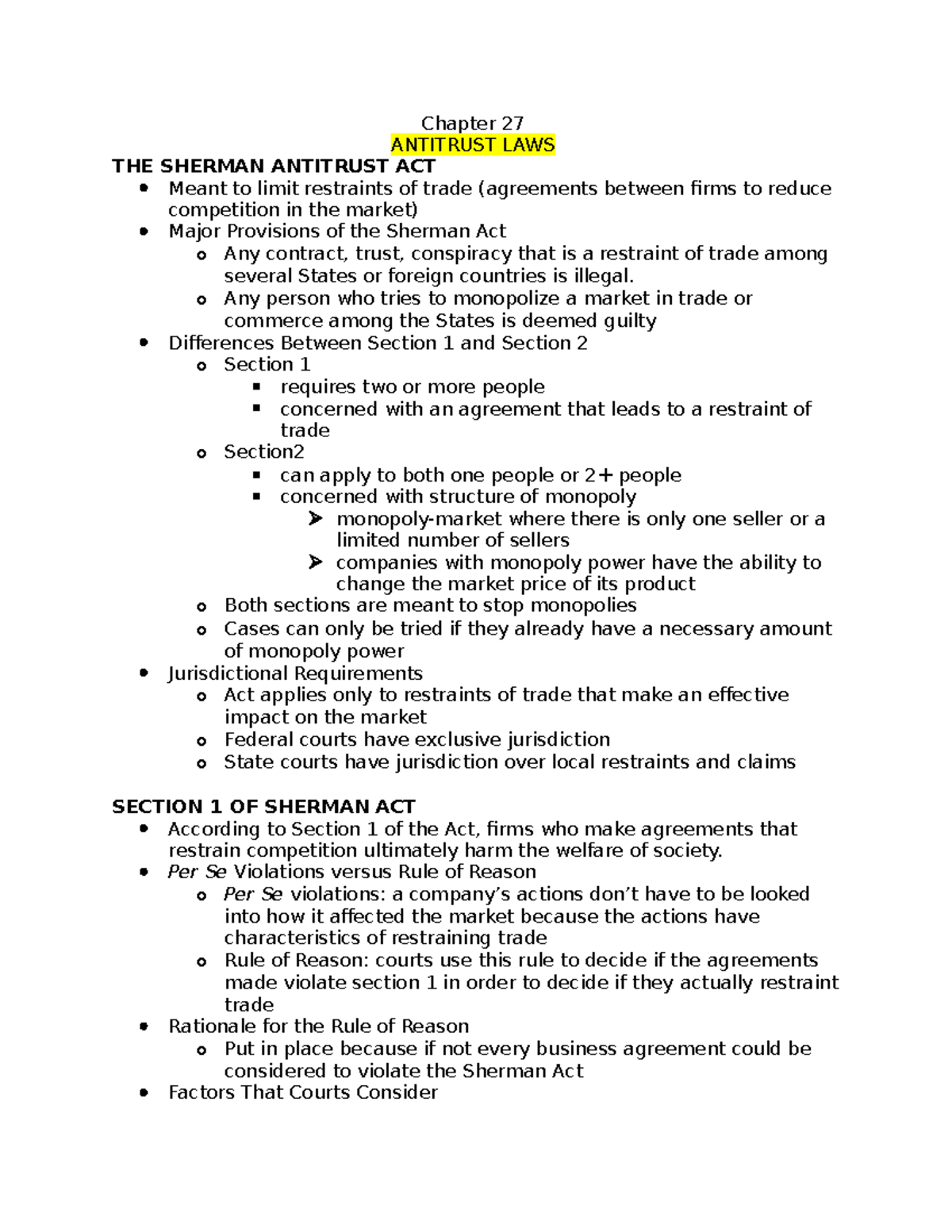 MGMT- Final Study Guide - THE Chapter 27 ANTITRUST LAWS SHERMAN ...