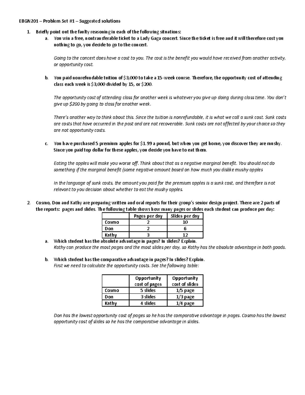 PS1 - Problem Set 1 – suggested solutions - EBGN201 – Problem Set #1 – Suggested solutions ...