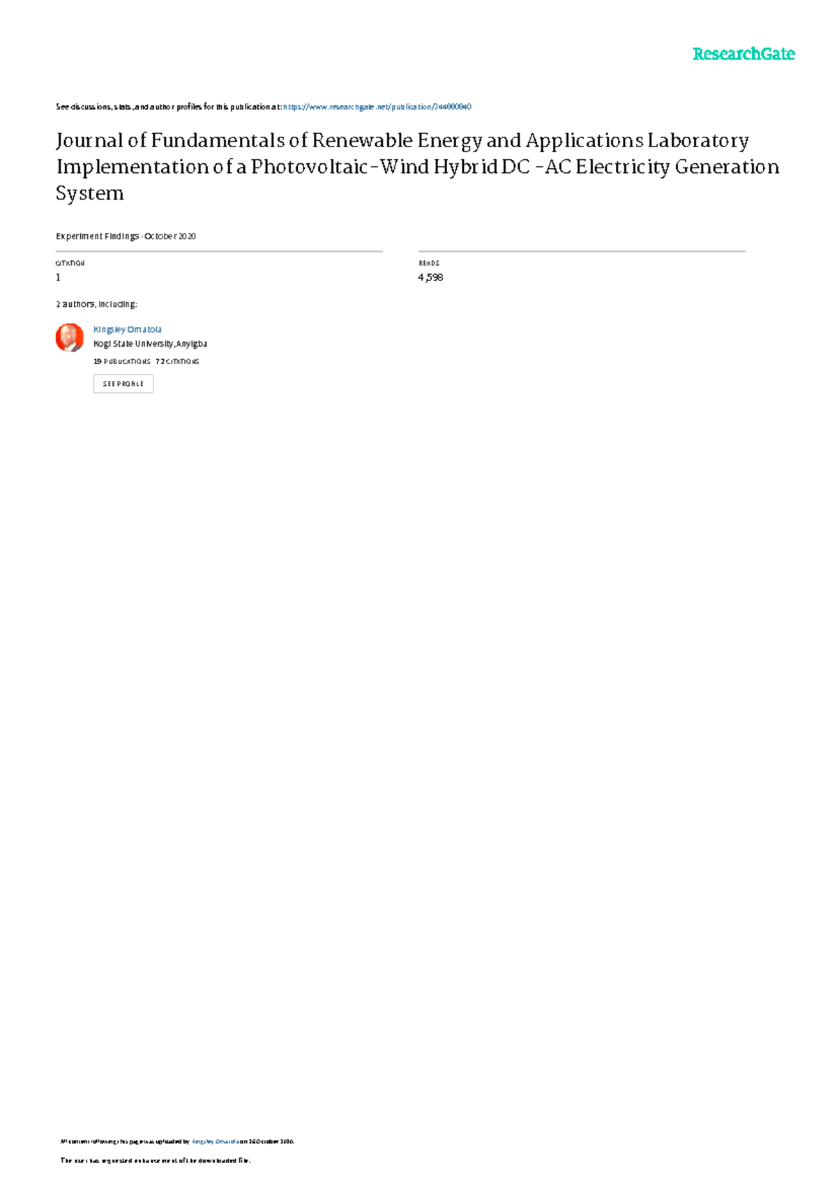 Laboratory implementation of a photovoltaicwind hybrid dcac electricity generat - See ...