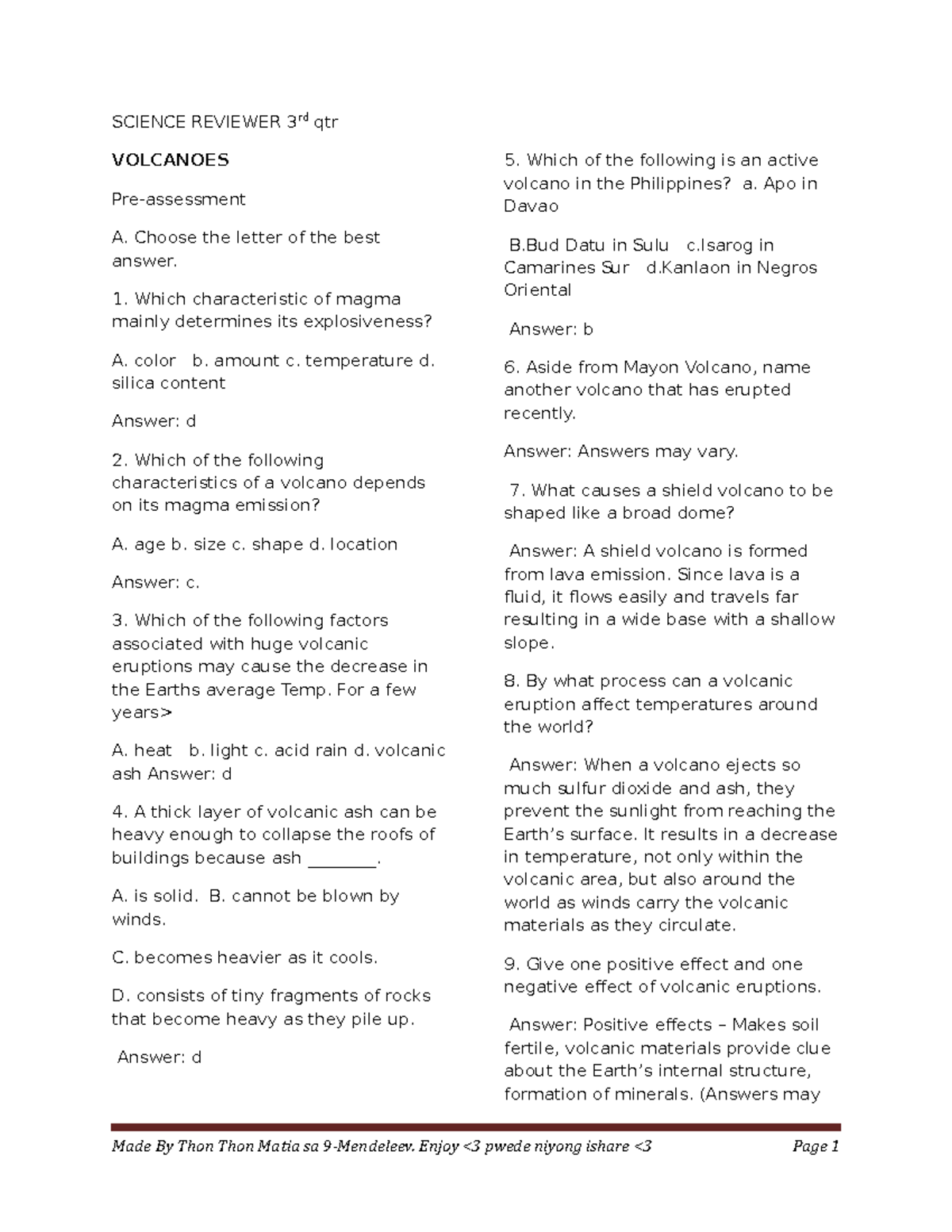 Science- Reviewer-3rd-qtr - SCIENCE REVIEWER 3rd qtr VOLCANOES Pre ...