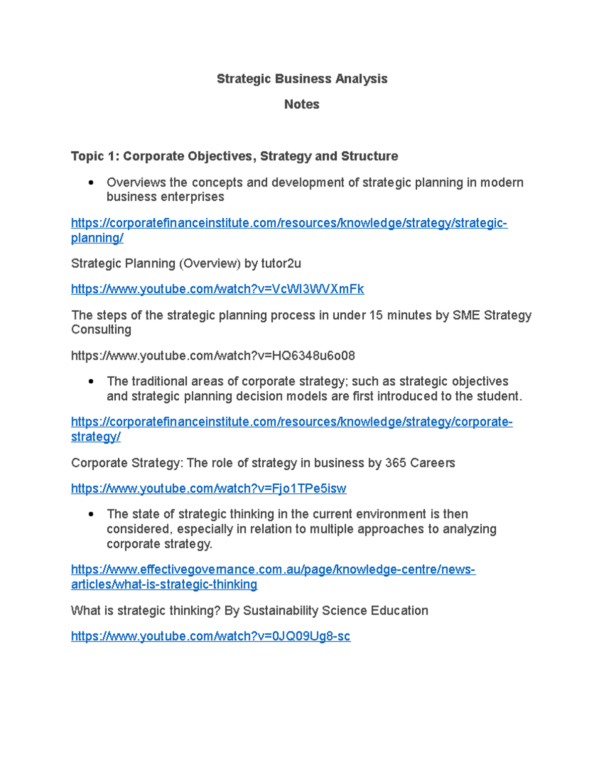 SBA Notes Topics 1 5 - thanks - Strategic Business Analysis Notes Topic ...