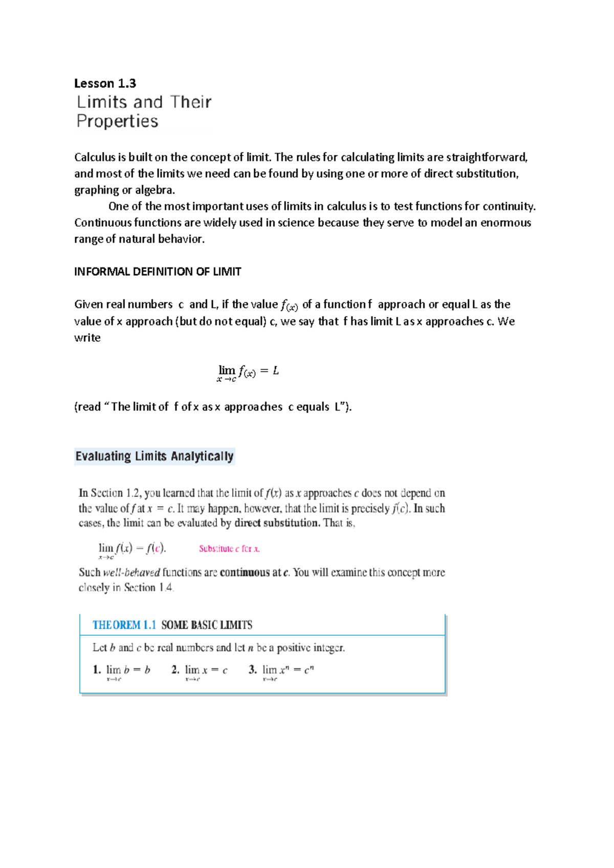 MATH 1E Lesson 1.3 1.4 1 - Bhvyvbmucv - Lesson 1. Calculus is built on the concept of limit. The ...