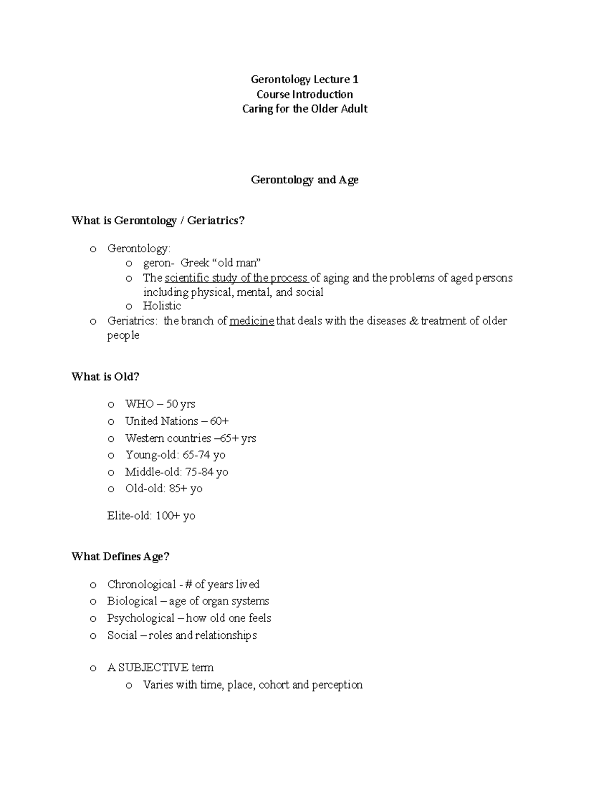 Gero Lec 1 May - Gero lecture 1 - Gerontology Lecture 1 Course ...