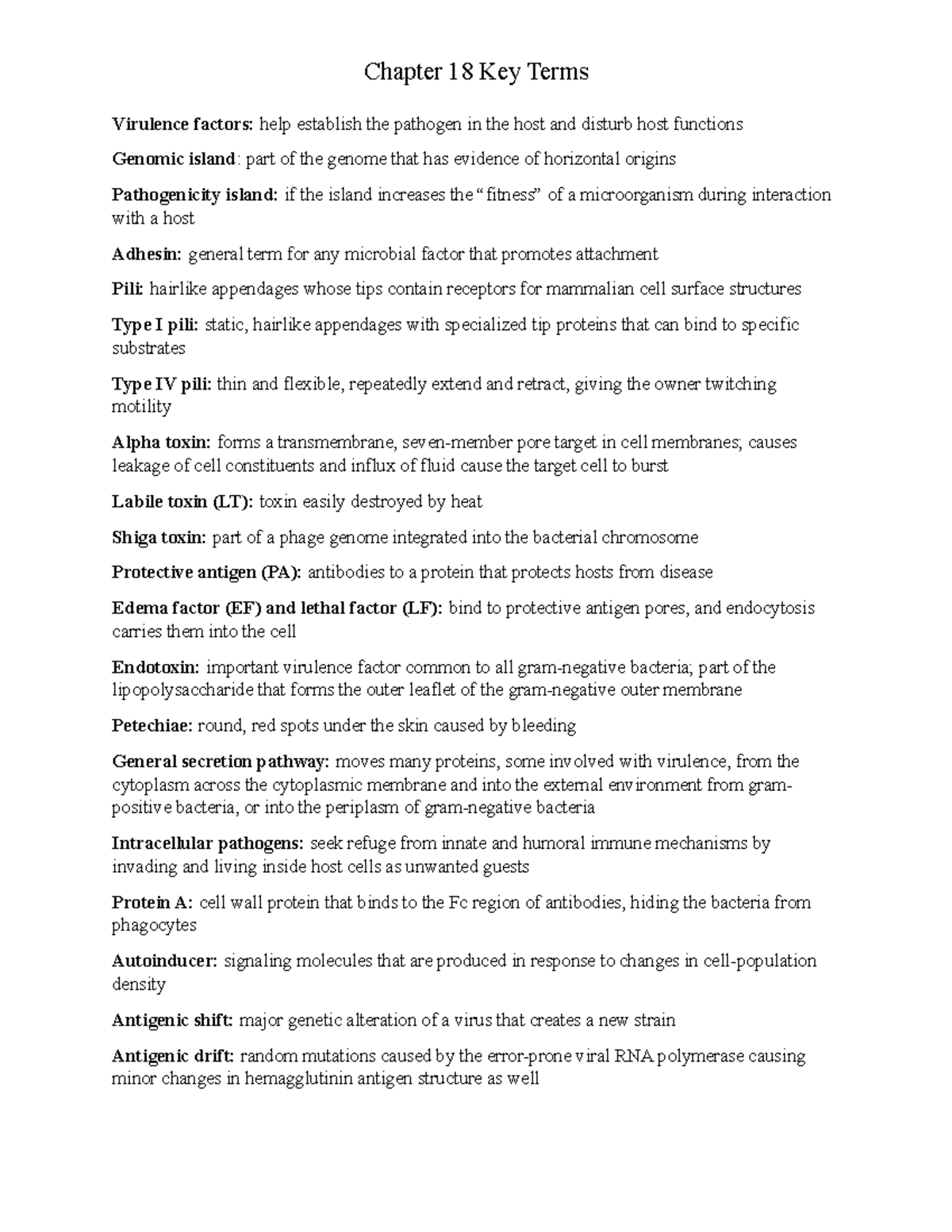 Chapter 18 Key Terms - Chapter 18 Key Terms Virulence factors: help establish the pathogen in ...