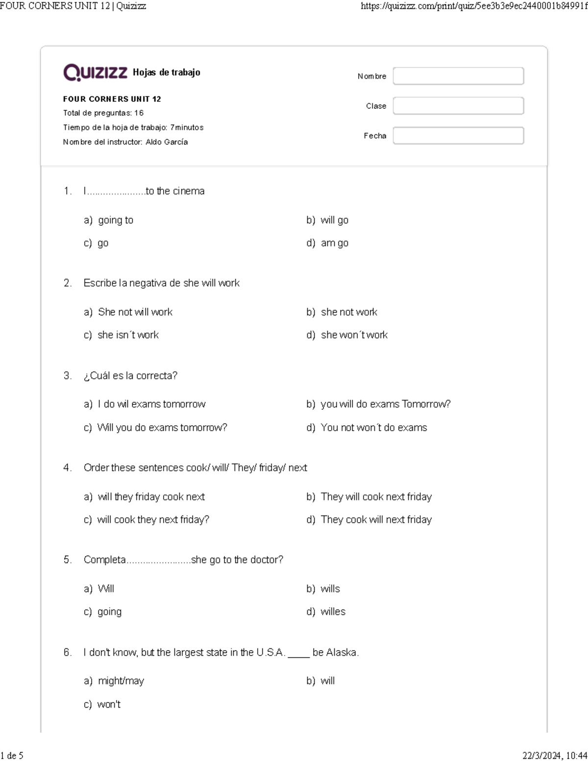 FOUR Corners UNIT 12 Quizizz - Hojas de trabajo FOUR CORNERS UNIT 12 ...