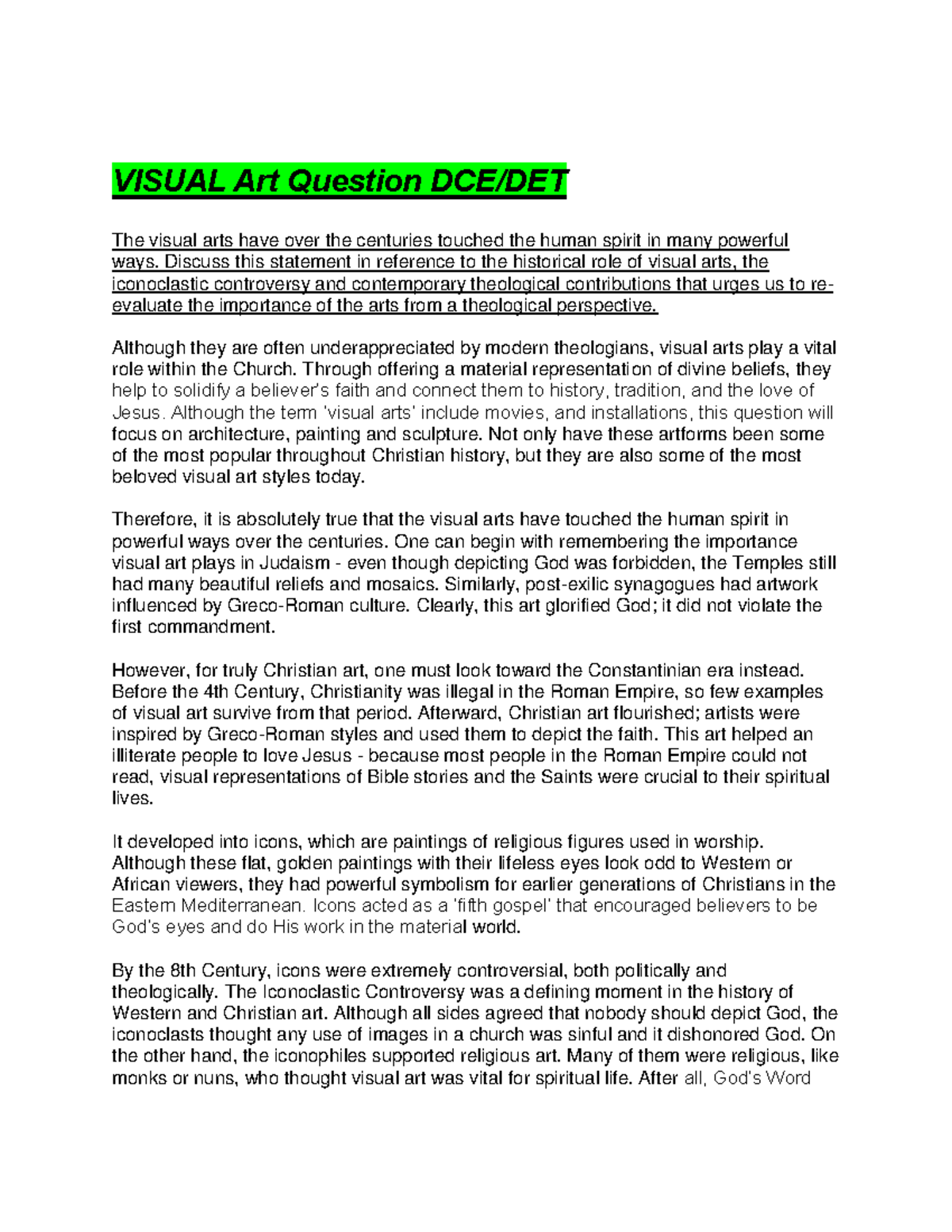 DCE 320 EXAM Notes 30 November - VISUAL Art Question DCE/DET The visual ...