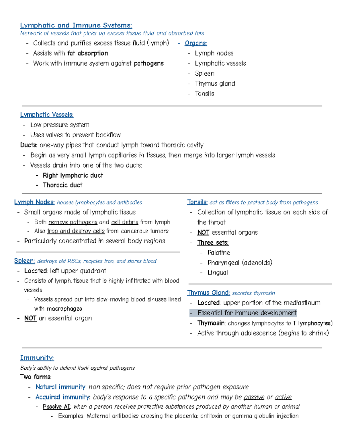 Chapter 6.2 - Blood and Lymphatic Systems Summary - Lymphatic and ...