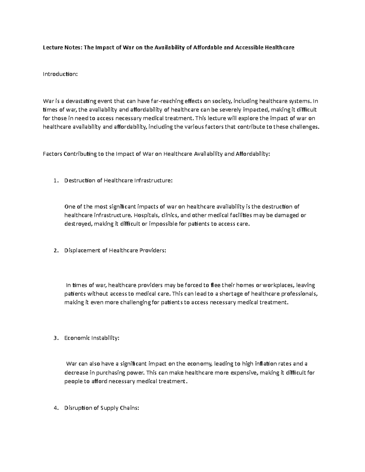 Lecture Notes: The Impact of War on the Availability of Affordable and ...
