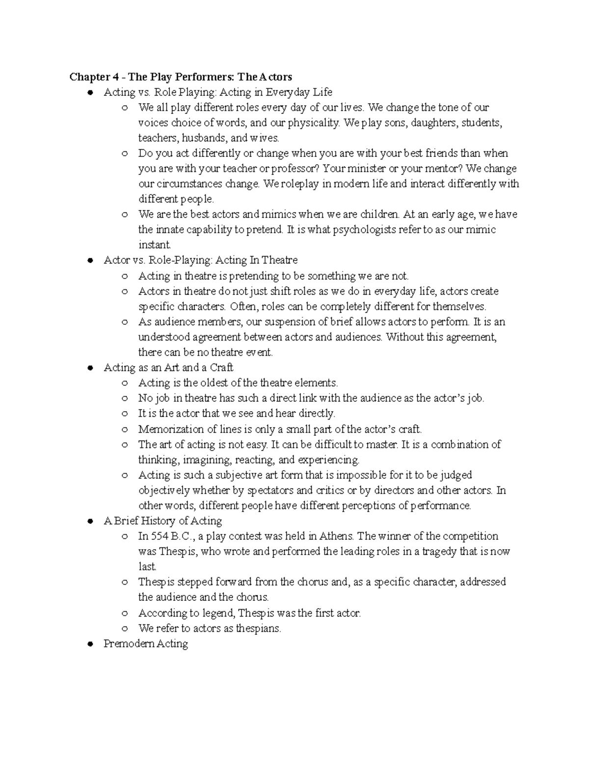 Chapter 4 Notes - The Play Performers: The Actors - Chapter 4 - The ...