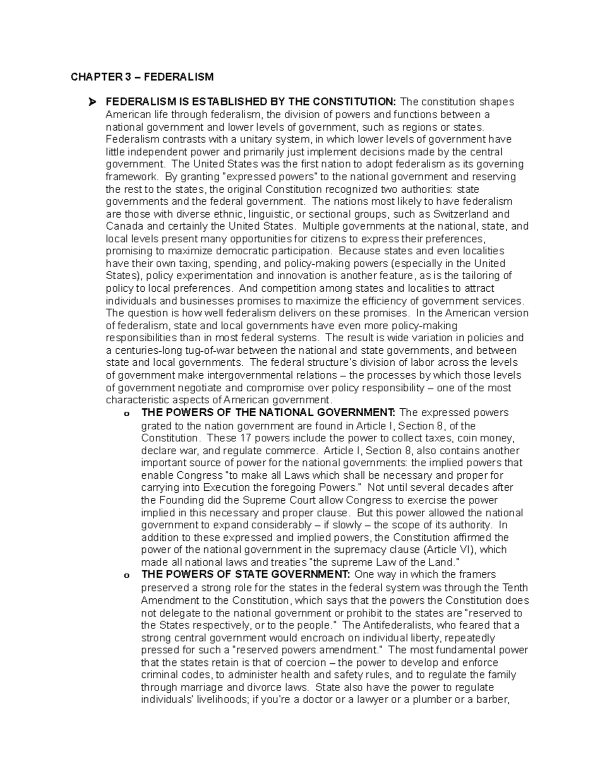 Chapter 3 Notes - CHAPTER 3 – FEDERALISM FEDERALISM IS ESTABLISHED BY ...