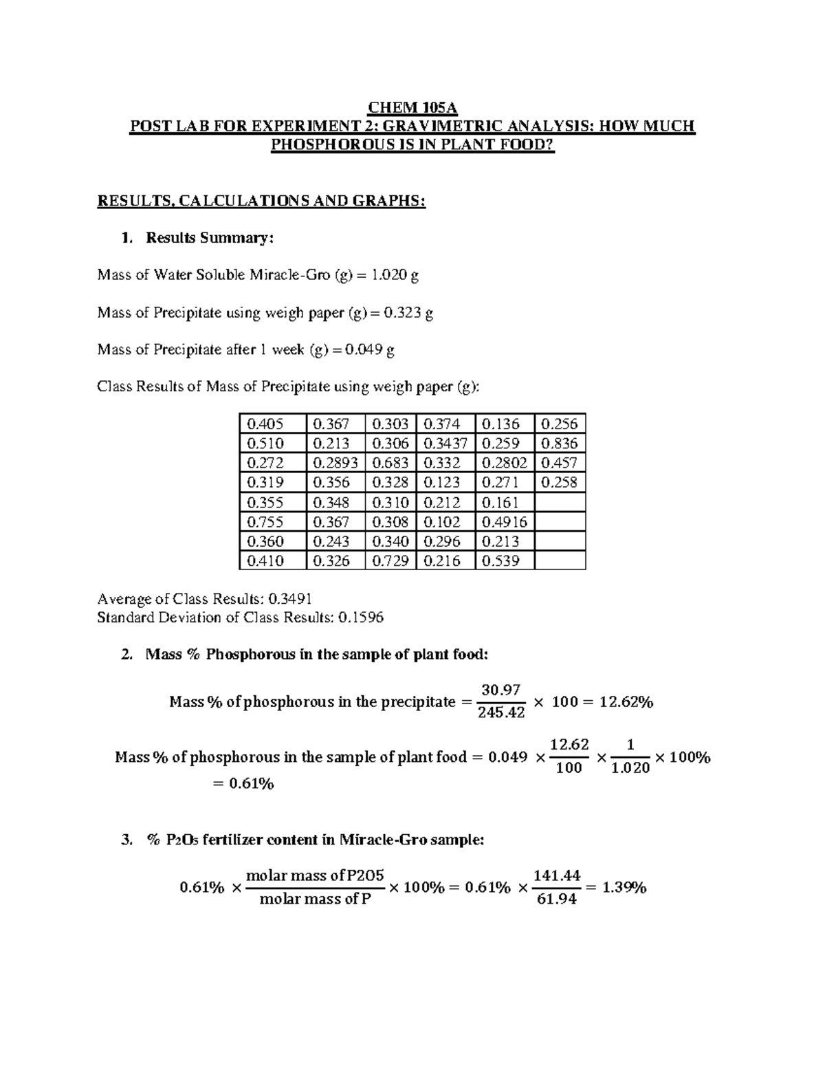 Expt 2 post lab - Post Lab report for experiment 2 - CHEM 105A POST LAB FOR EXPERIMENT 2: - Studocu