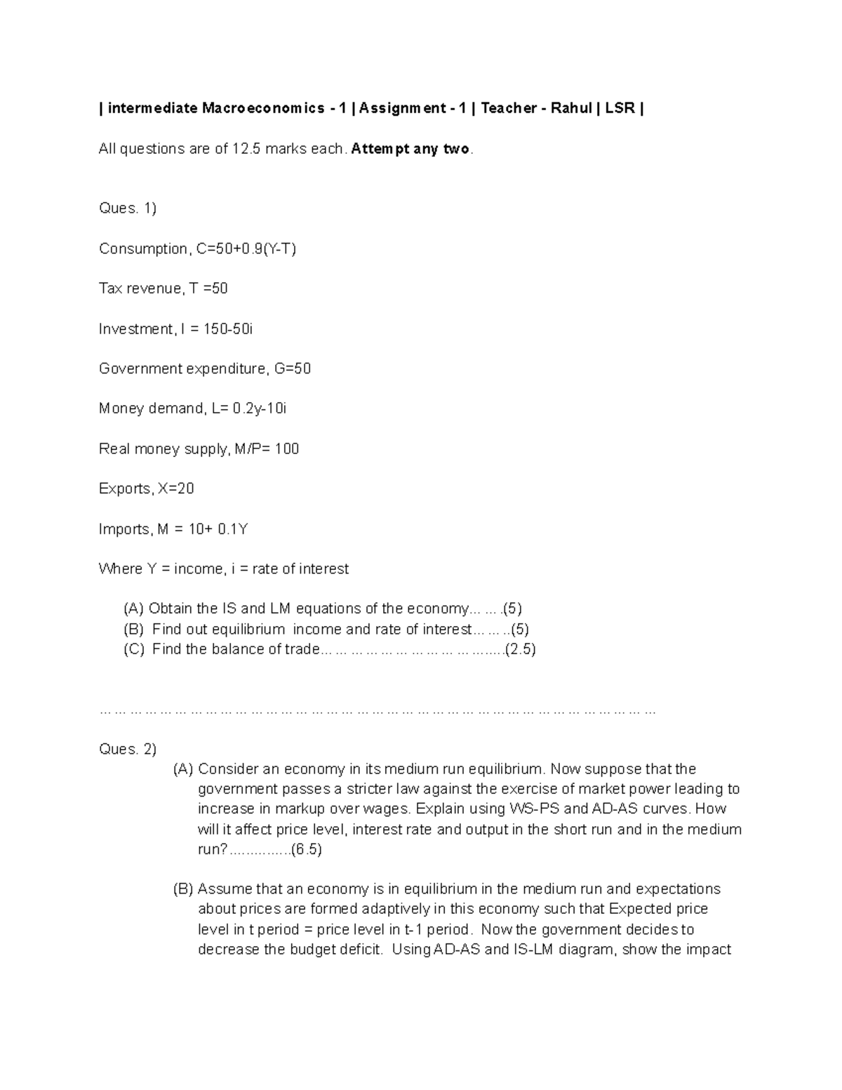 Assignment paper questions - | intermediate Macroeconomics - 1 | Assignment - 1 | Teacher ...