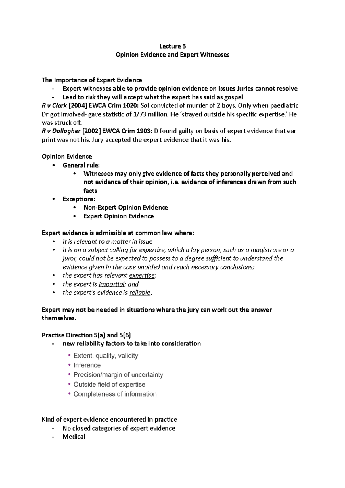 Lecture 3 - Lecture 3 Opinion Evidence and Expert Witnesses The ...