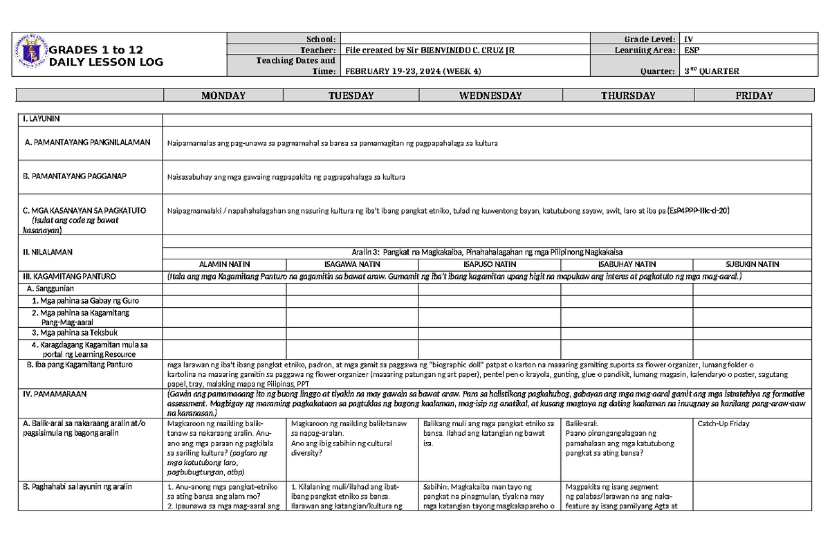 DLL ESP 4 Q3 W4 - fewfe - GRADES 1 to 12 DAILY LESSON LOG School: Grade ...