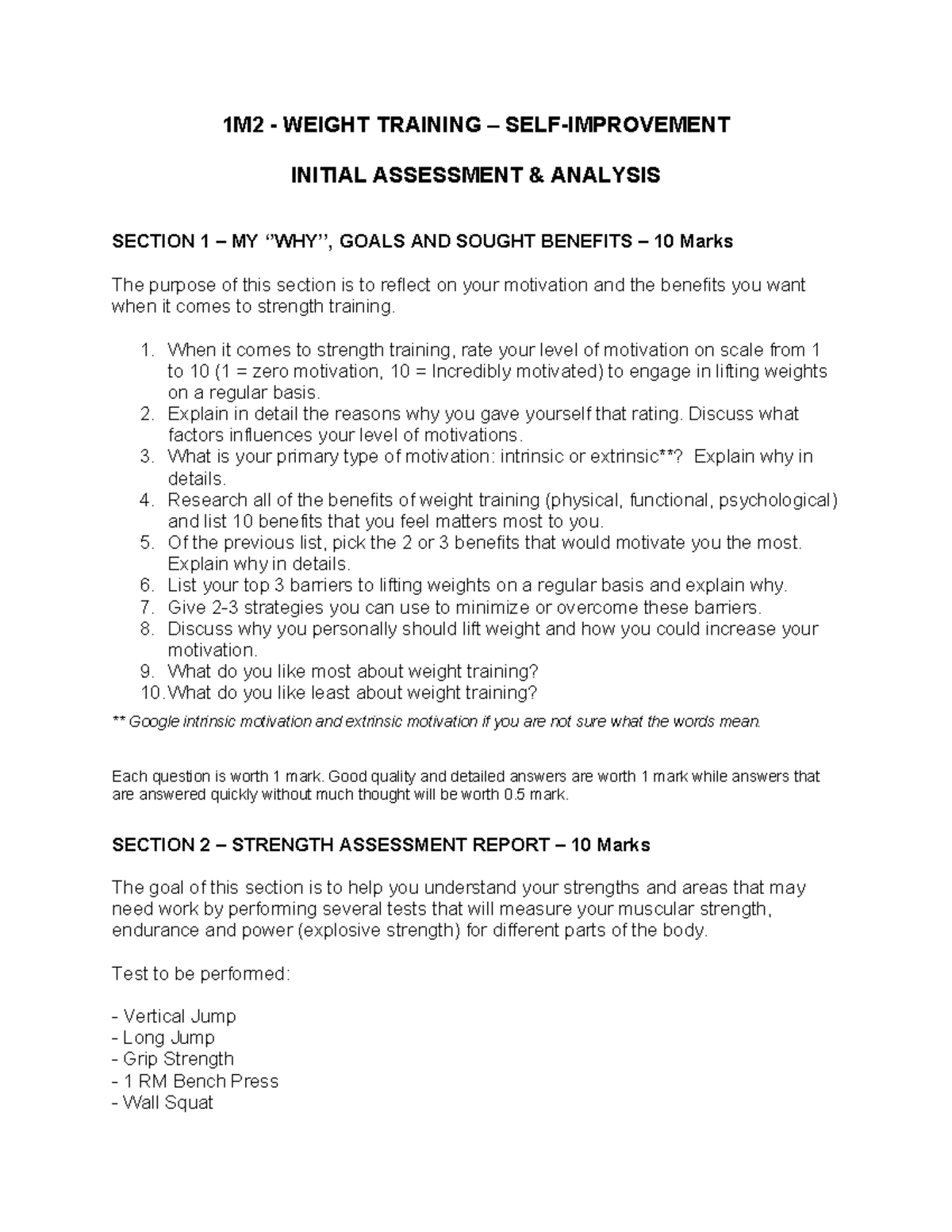 1M2 Self-Improvement - Initial Self-Asessment Analysis - 1M2 - WEIGHT ...