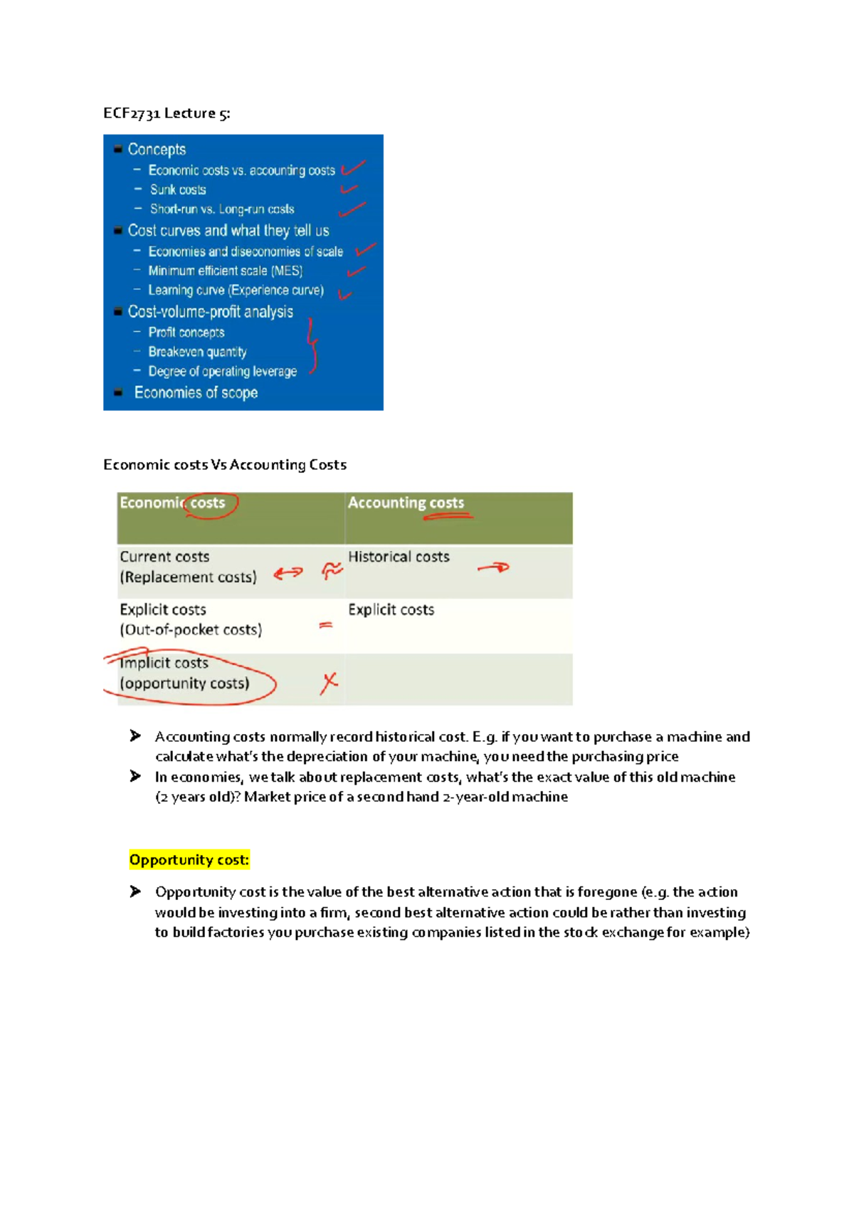 ECF2731 Lecture 5 - good notes - ECF2731 Lecture 5: Economic costs Vs ...