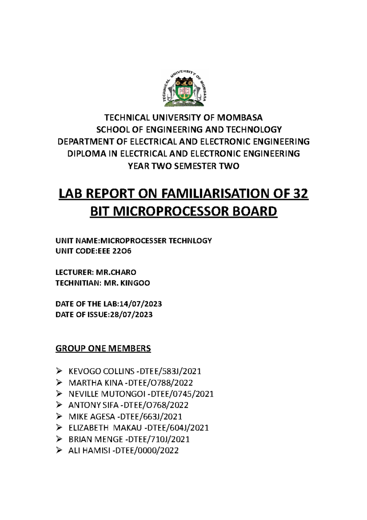 Microprocessor LAB Report - TECHNICAL UNIVERSITY OF MOMBASA SCHOOL OF ...