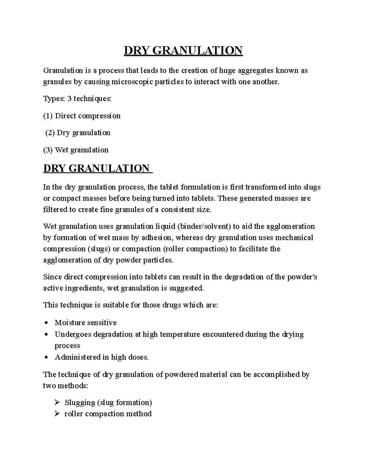 DRY Granulation - DRY GRANULATION Granulation is a process that leads ...