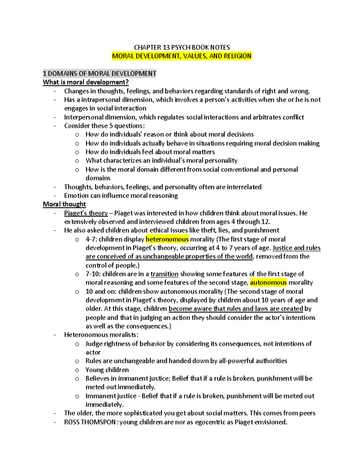 Psych 230 ch 13 notes - CHAPTER 13 PSYCH BOOK NOTES MORAL DEVELOPMENT ...