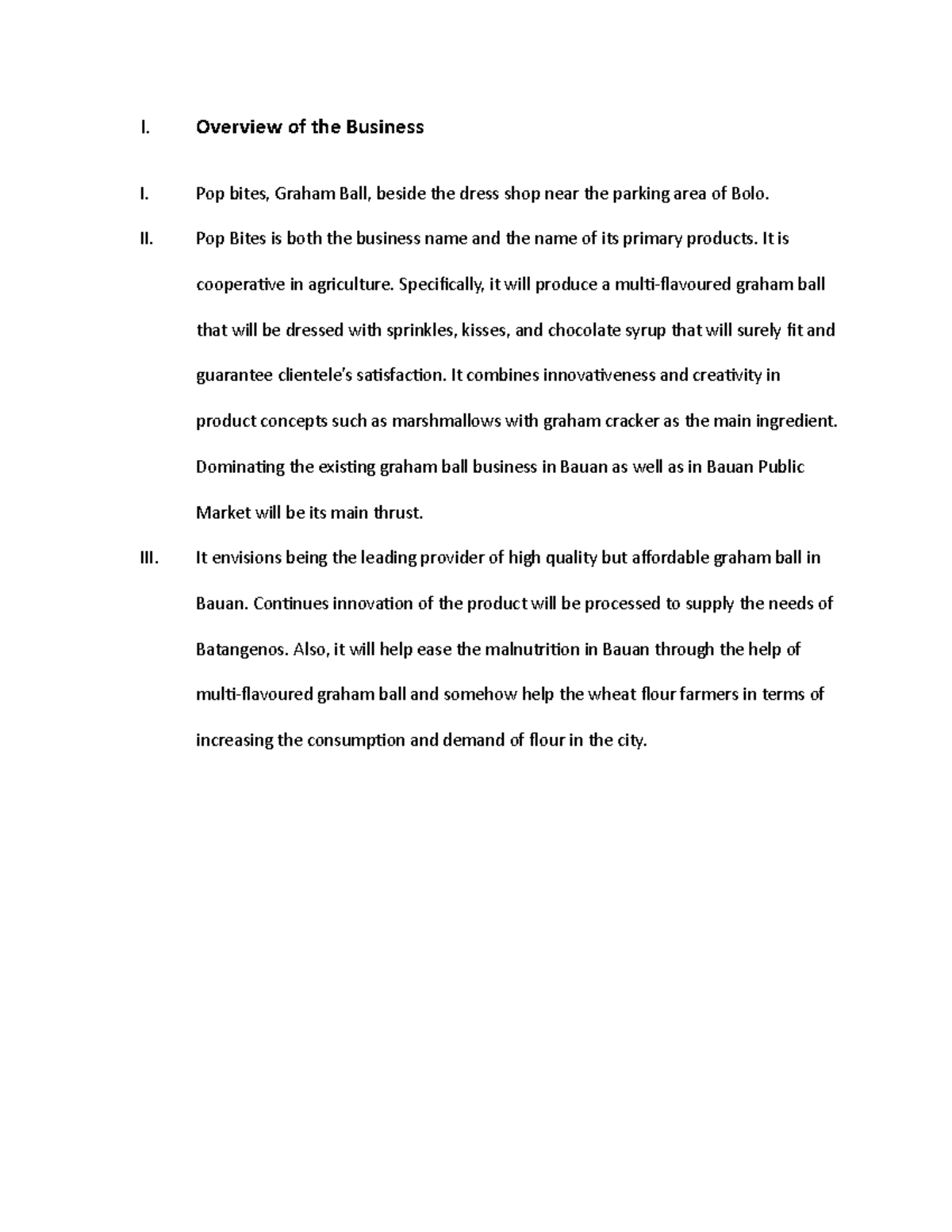 Entrep - Example of report - I. Overview of the Business I. Pop bites ...