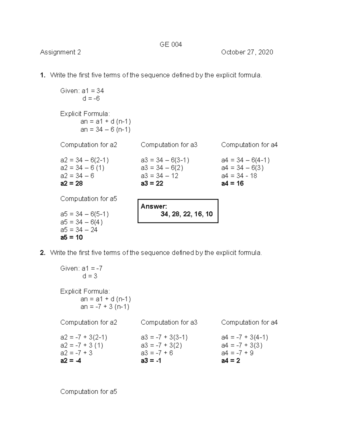 MMW 3 - Solving for the nth term using explicit formula - Mathematics ...