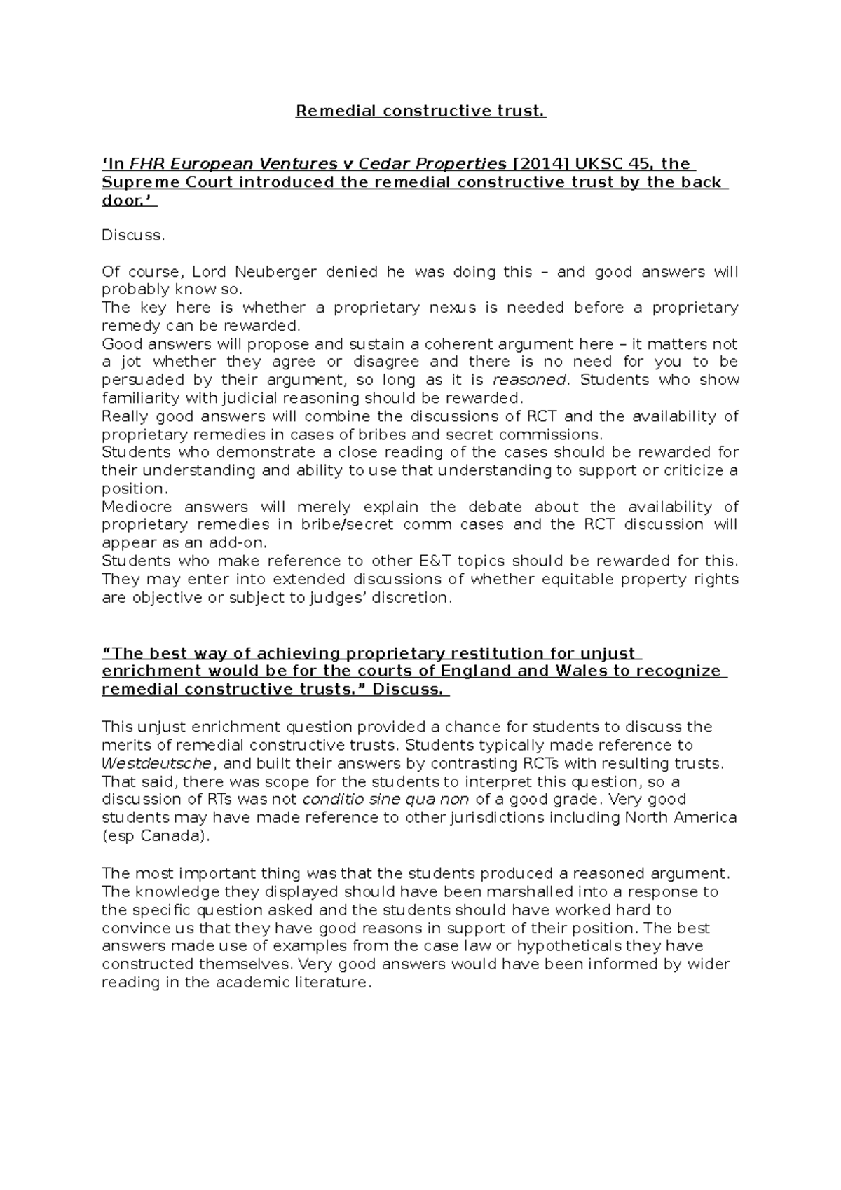 Remedial constructive trust essay - Remedial constructive trust. ‘In ...