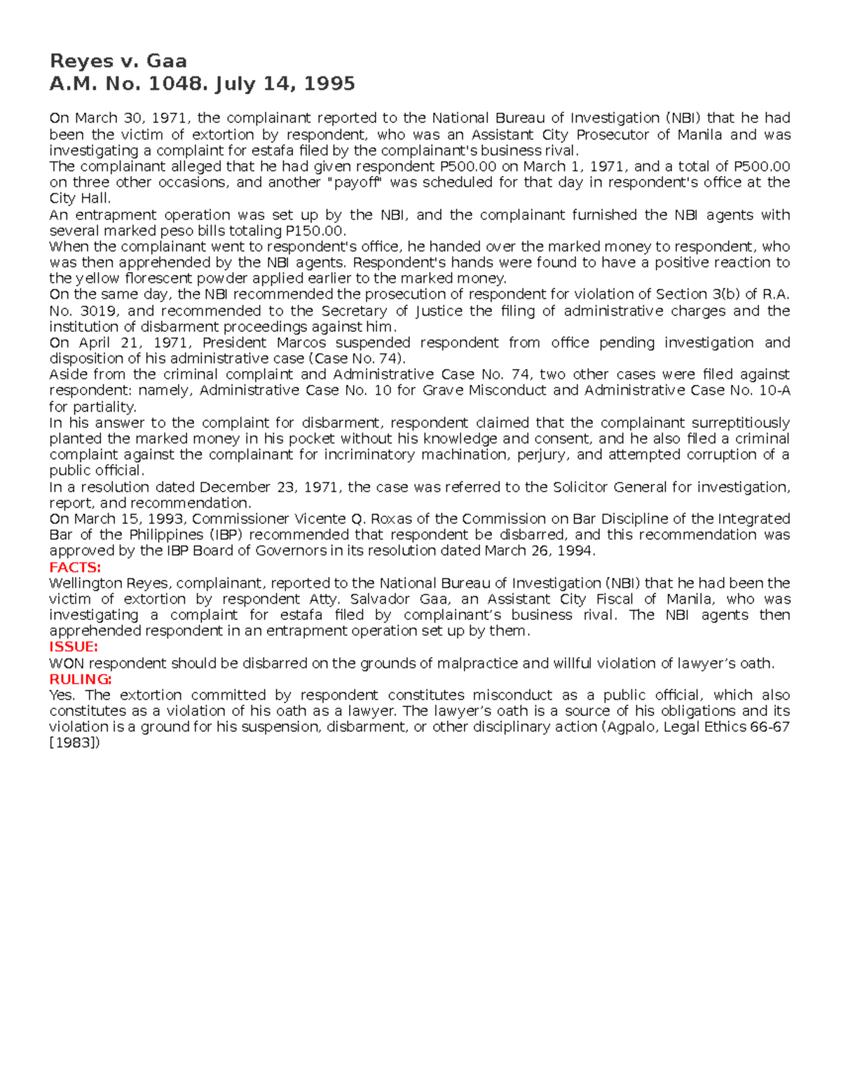 Cases IN PART III - NOTES - Reyes v. Gaa A. No. 1048. July 14, 1995 On ...
