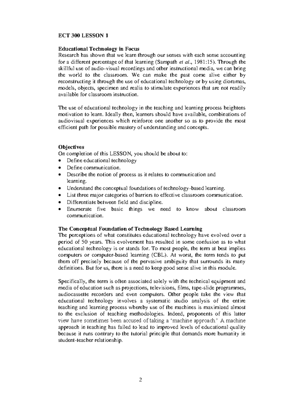 ECT 300 WEEK ONE Notes - ECT 300 LESSON 1 Educational Technology in ...