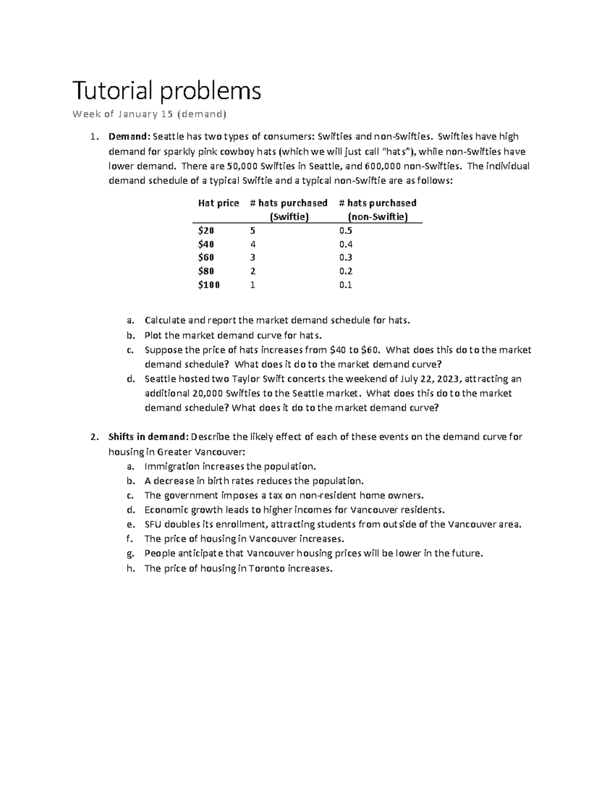 Solution - Tutorial 1-3 - Tutorial problems Week of January 1 5 (demand) 1. Demand: Seattle has ...