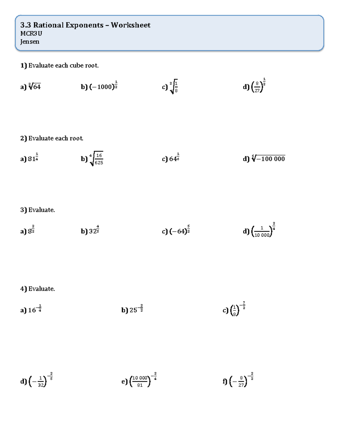 Rational Exponents Practice - 3 Rational Exponents – Worksheet MCR3U ...