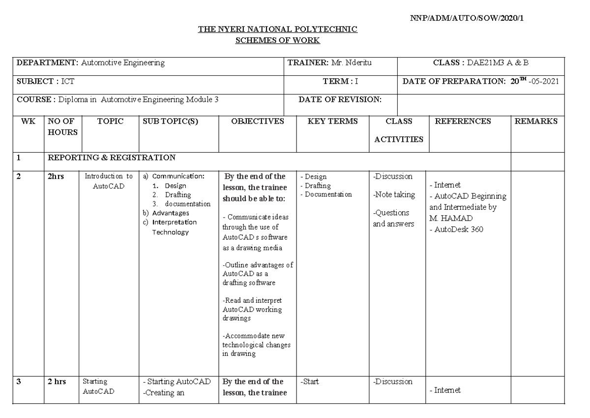 Auto CAD scheme of work - Summary english - NNP/ADM/AUTO/SOW/2020/ THE ...