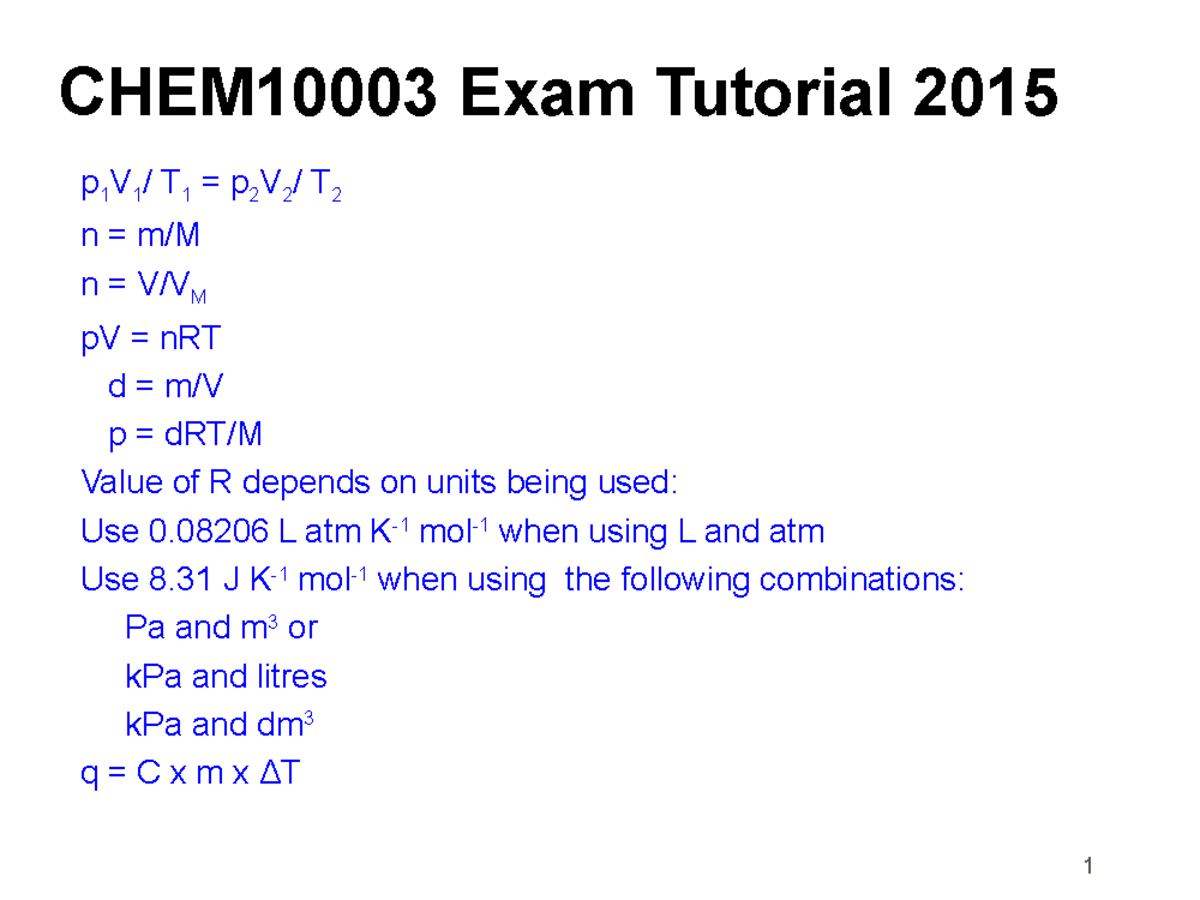 Chemistry 1 Exam 18 June 2014, answers - p 1 V 1 / T 1 = p 2 V 2 / T 2 ...