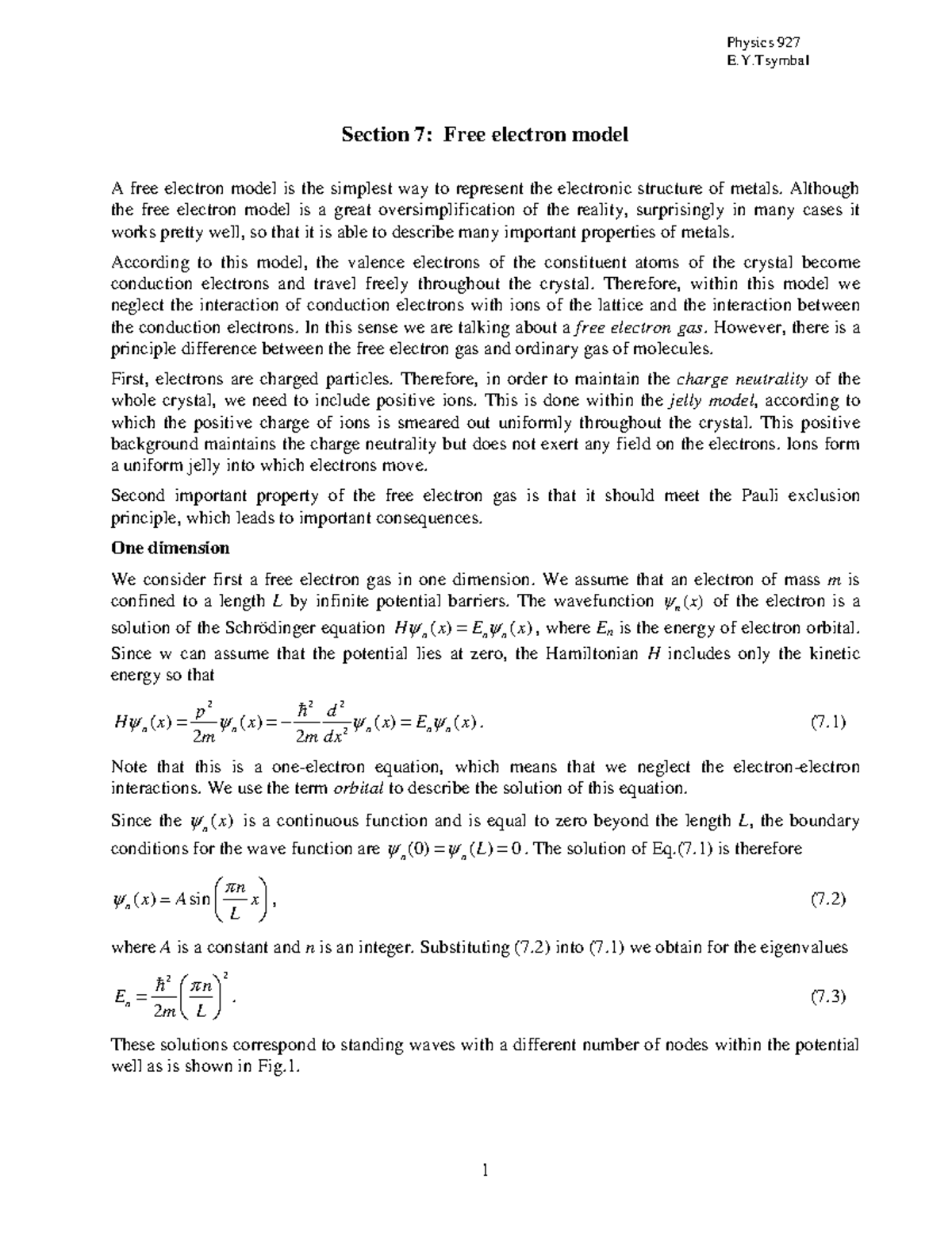 Section 07 Free Electron Model - E.Y Section 7: Free electron model A ...