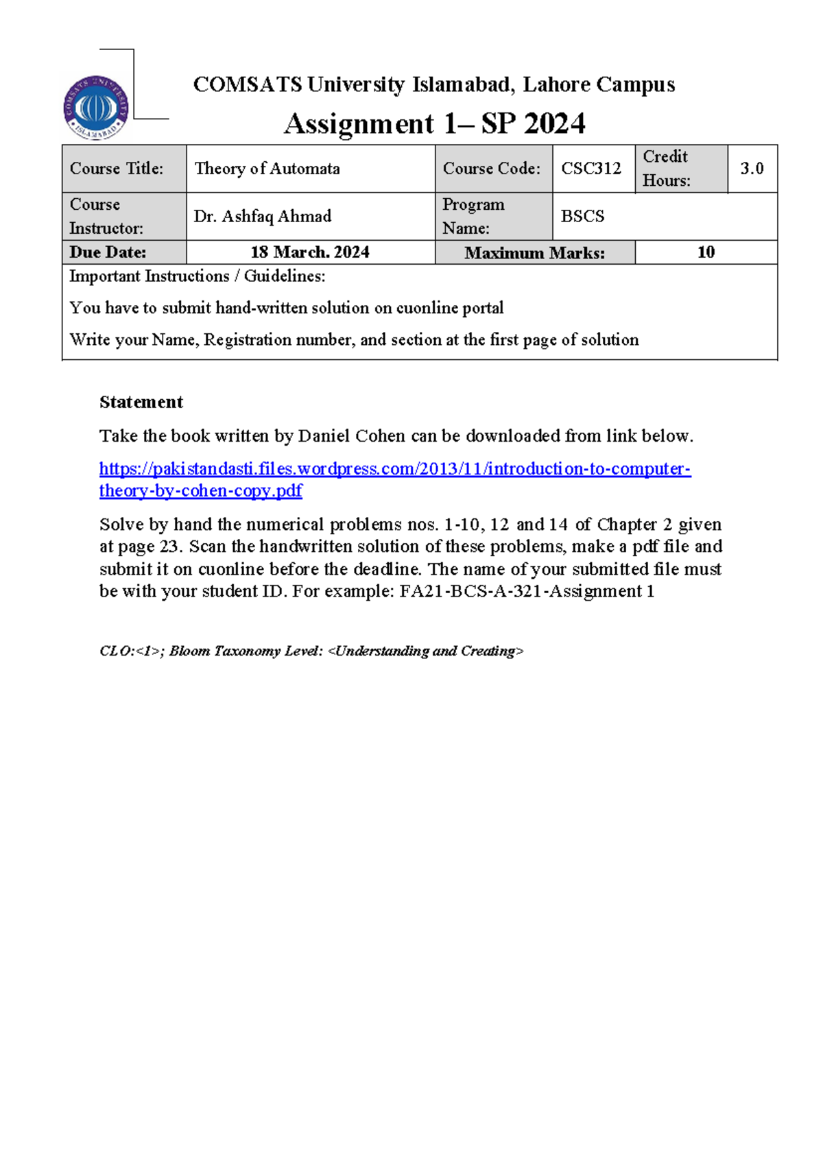 Assignment 1 - jfnbjsbjsabasjbs - COMSATS University Islamabad, Lahore ...