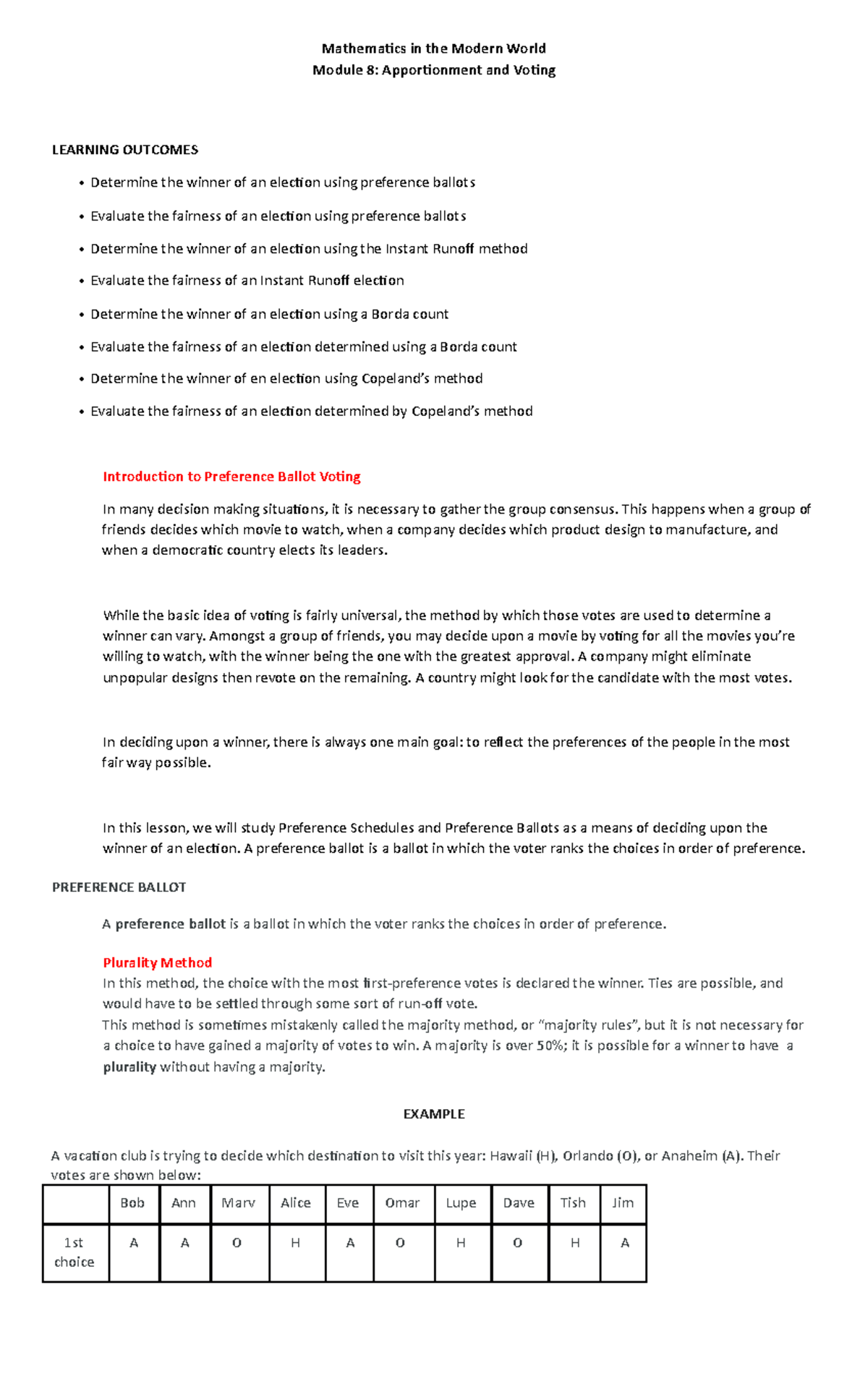 Module 8 Apportionment and Voting - MMW - Mathematics in the Modern ...