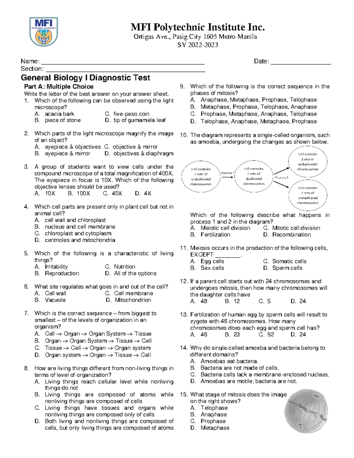 General Biology Diagnostic Test - MFI Polytechnic Institute Inc ...