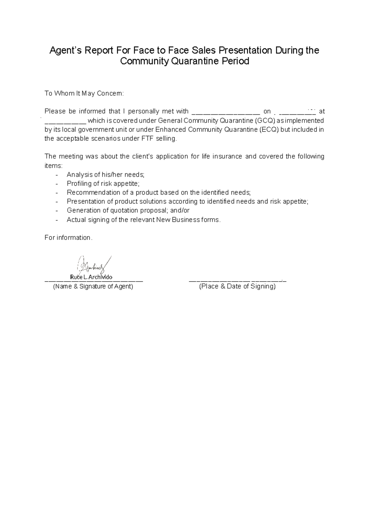 2021 FTF Agent'S Report (2) - Agent’s Report For Face to Face Sales ...