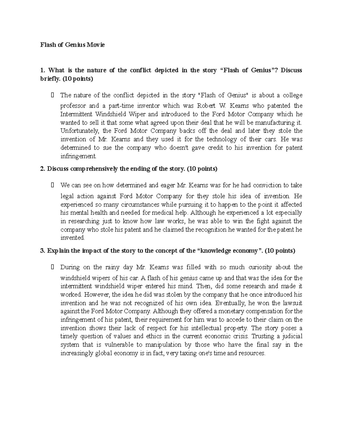 Flash of Genius - (10 points) ⮚ The nature of the conflict depicted in ...