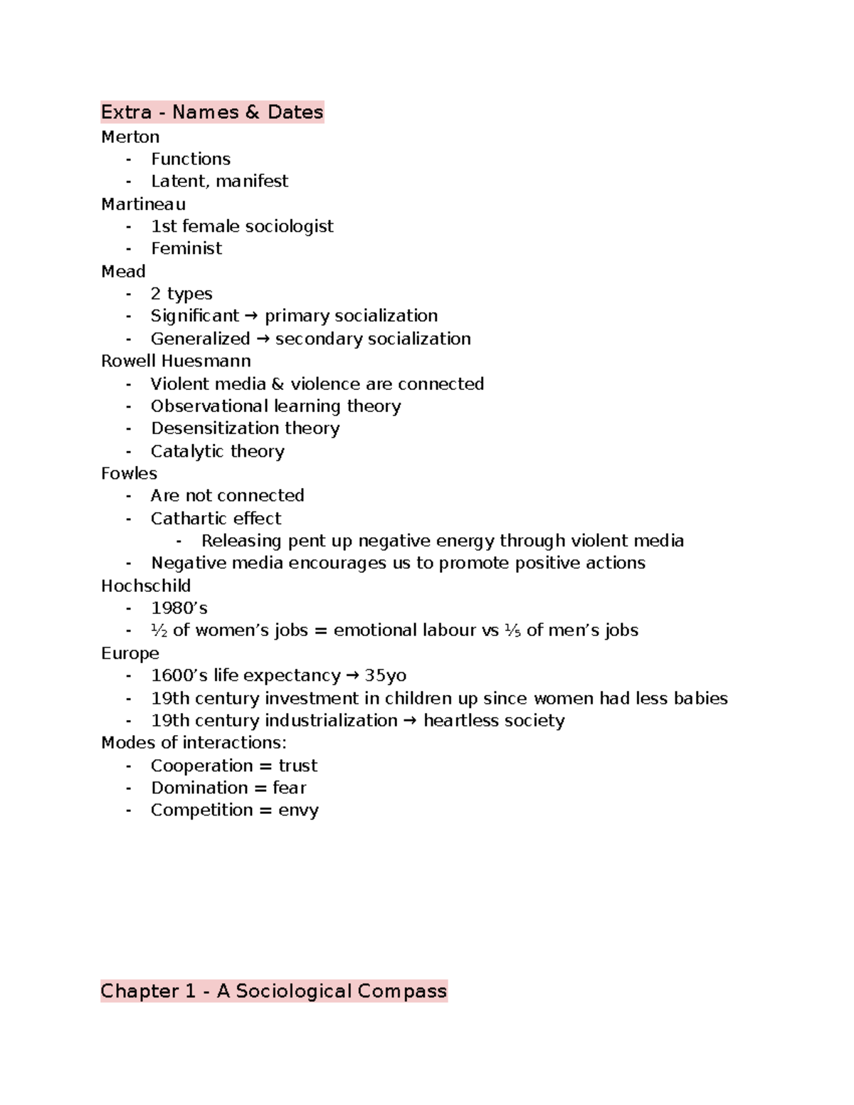 Exam 1 Chapter Notes - Practice material for exam 1 - Extra - Names ...