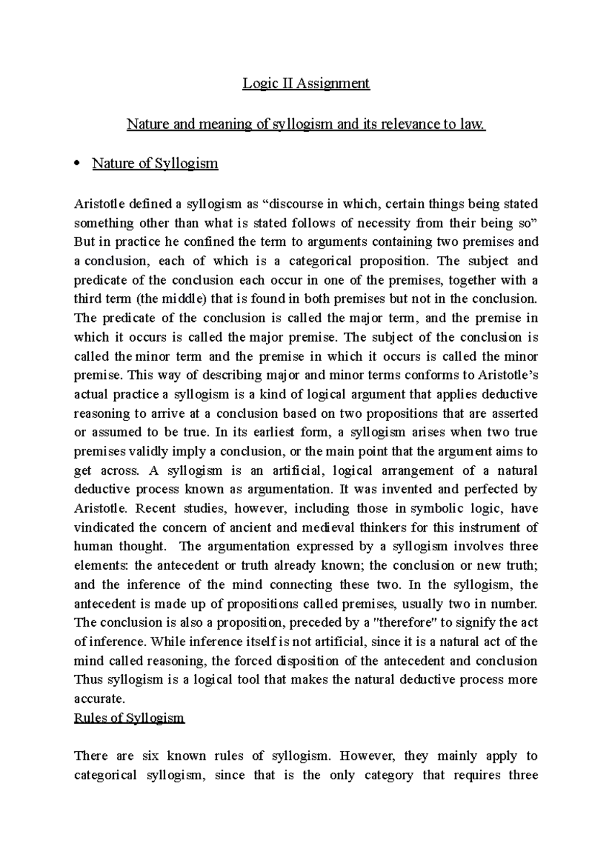 Logic II Assignment - Logic II Assignment Nature and meaning of ...