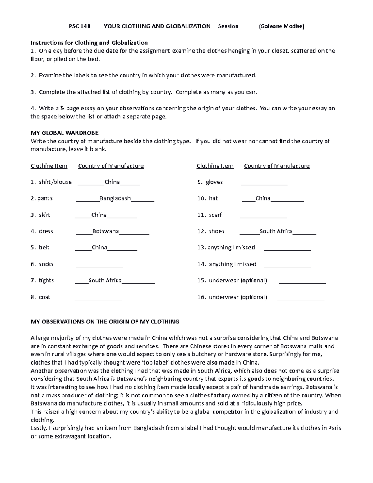 PSC 140 clothing map exercise - PSC 140 YOUR CLOTHING AND GLOBALIZATION ...