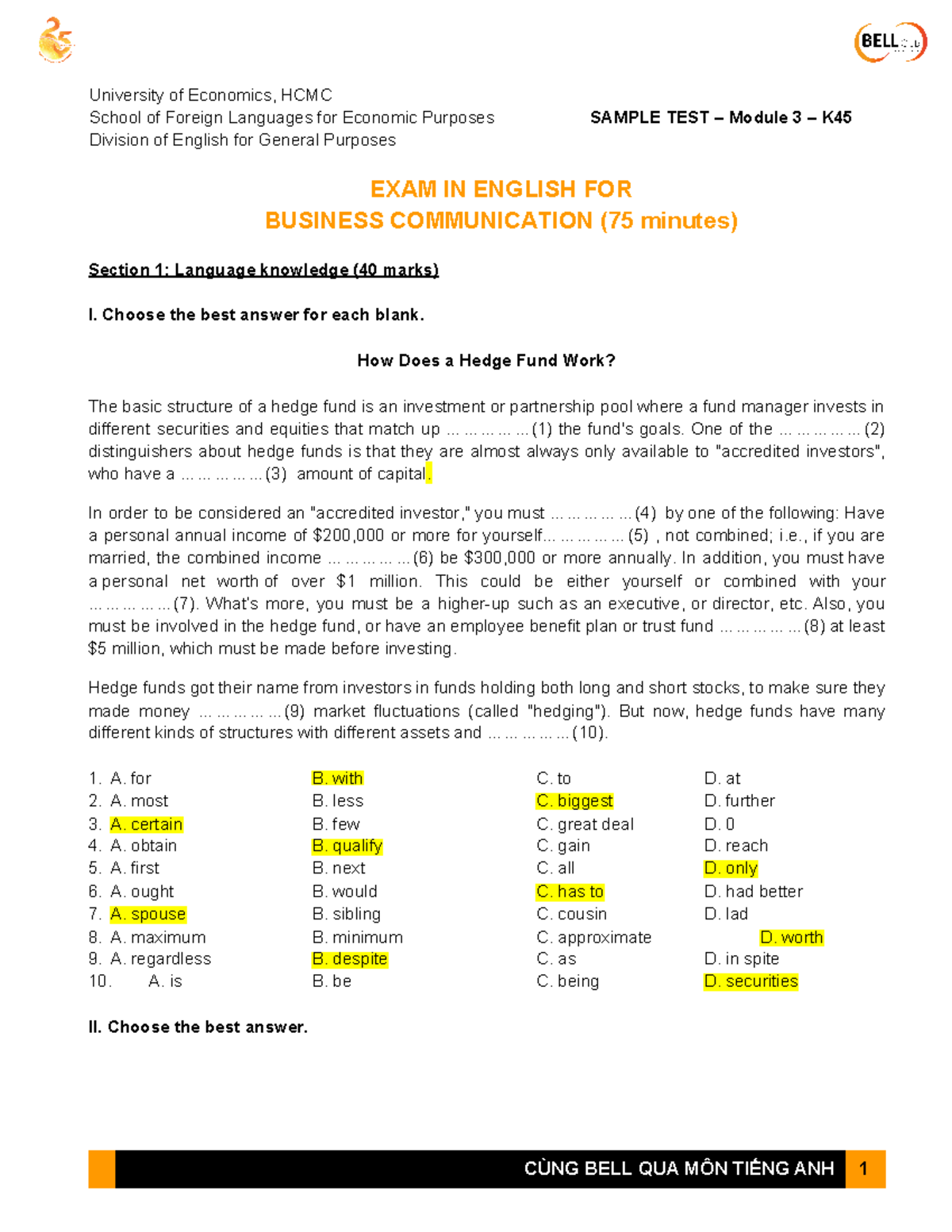 Sample test - EXAM IN ENGLISH FOR BUSINESS COMMUNICATION (75 minutes ...