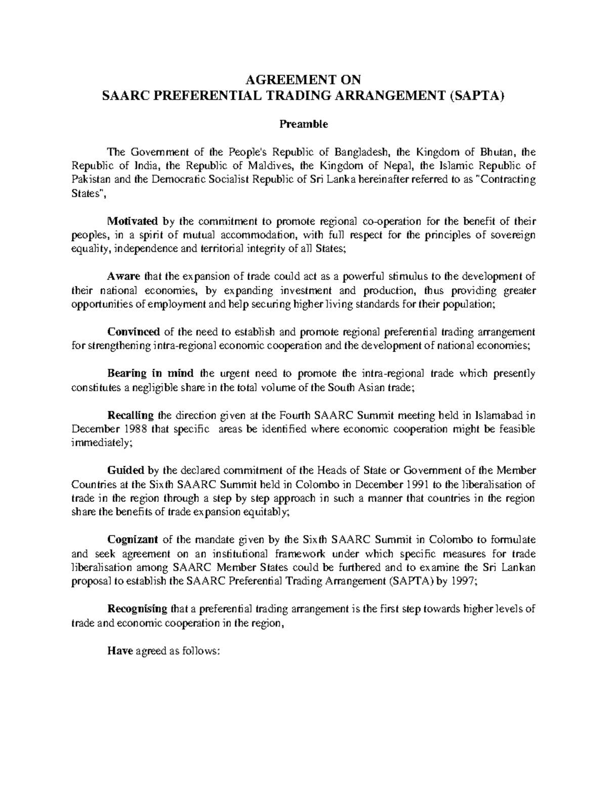 Agreement On Saarc Preferential Trading Arrangement Sapta - AGREEMENT ...