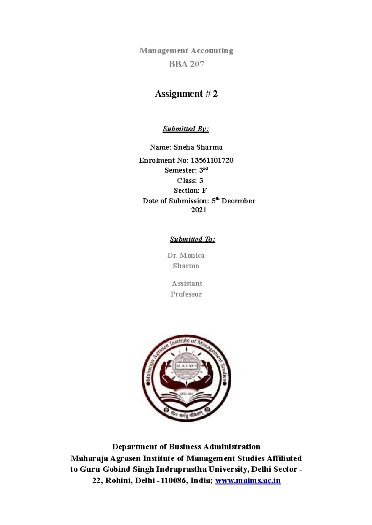 Management Accounting 2 - Management Accounting BBA 207 Assignment # 2 ...