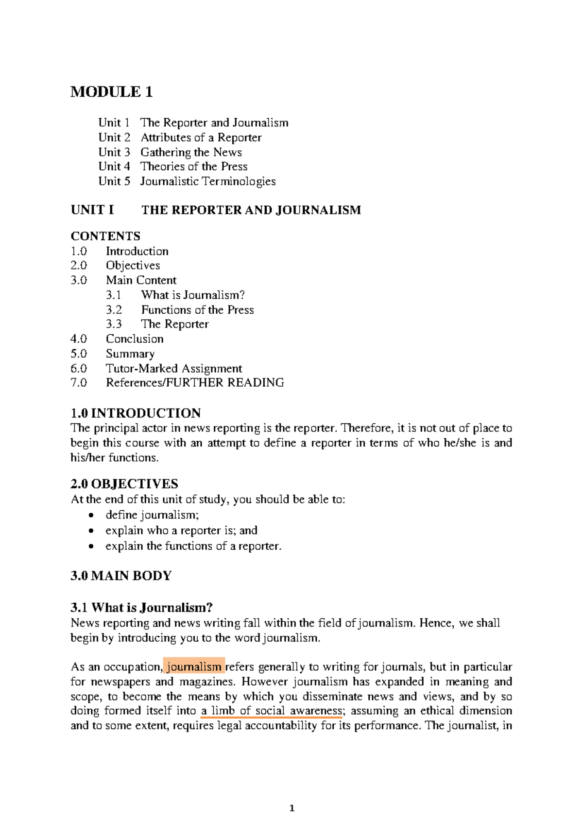JLS823-NEWS Reporting- Complete docx - MODULE 1 Unit 1 The Reporter and ...