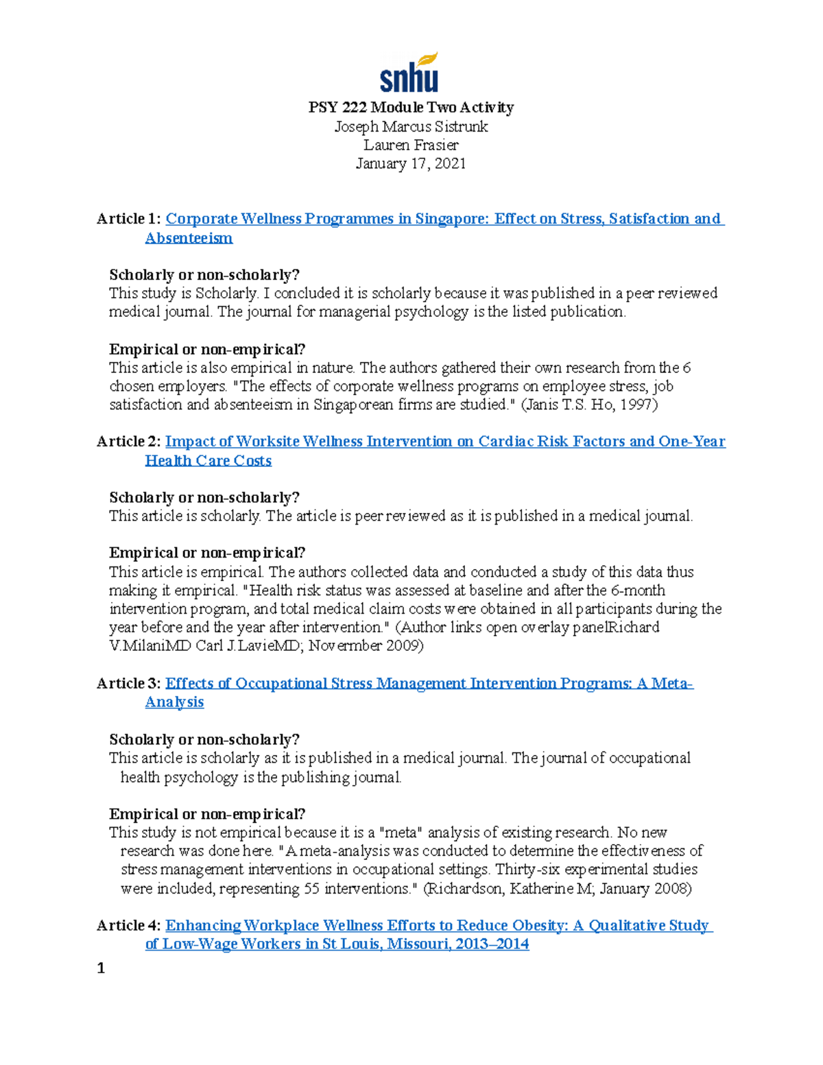 PSY 222 Module 2 Assignment - PSY 222 Module Two Activity Joseph Marcus ...