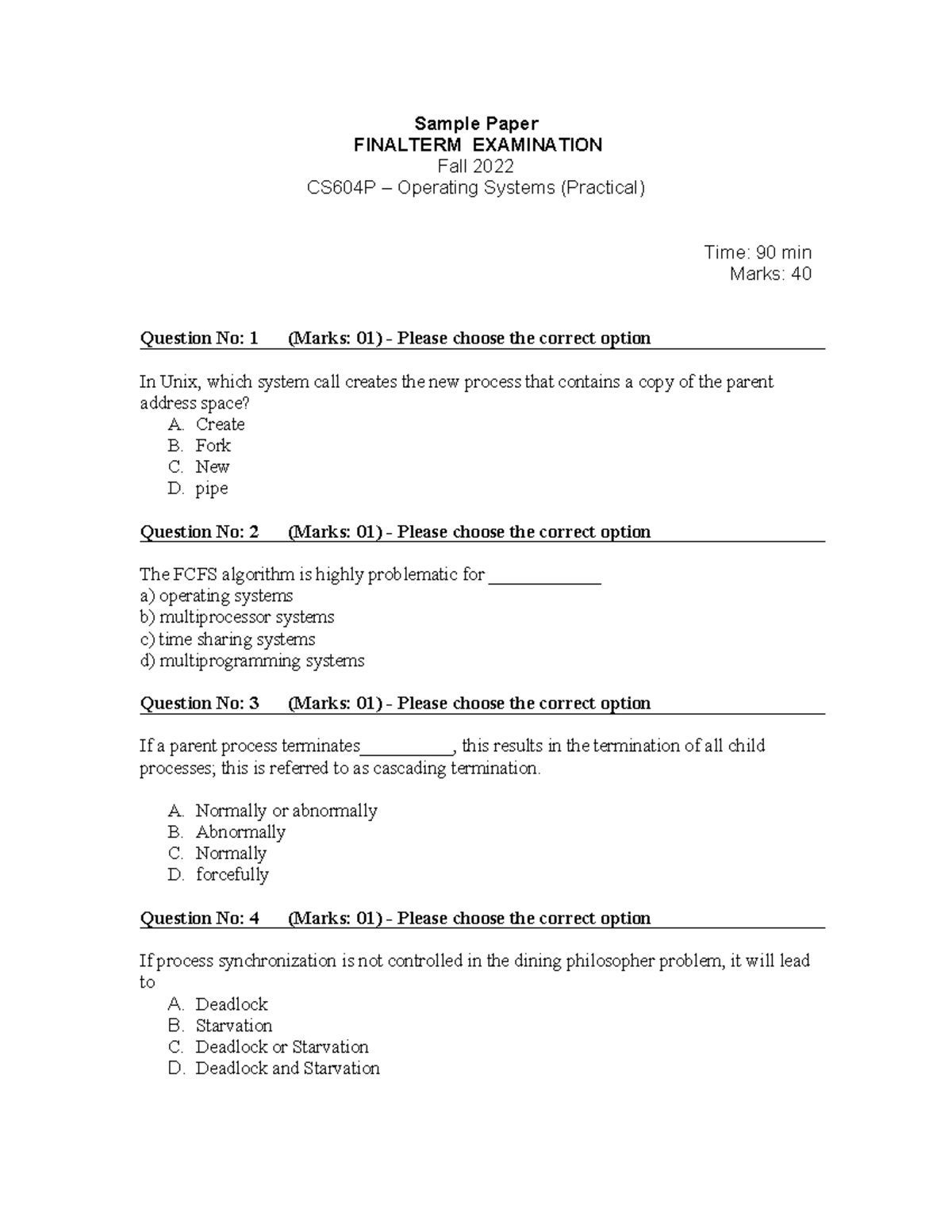 Final Sample Paper CS604 P - Sample Paper FINALTERM EXAMINATION Fall 2022 CS604P – Operating ...