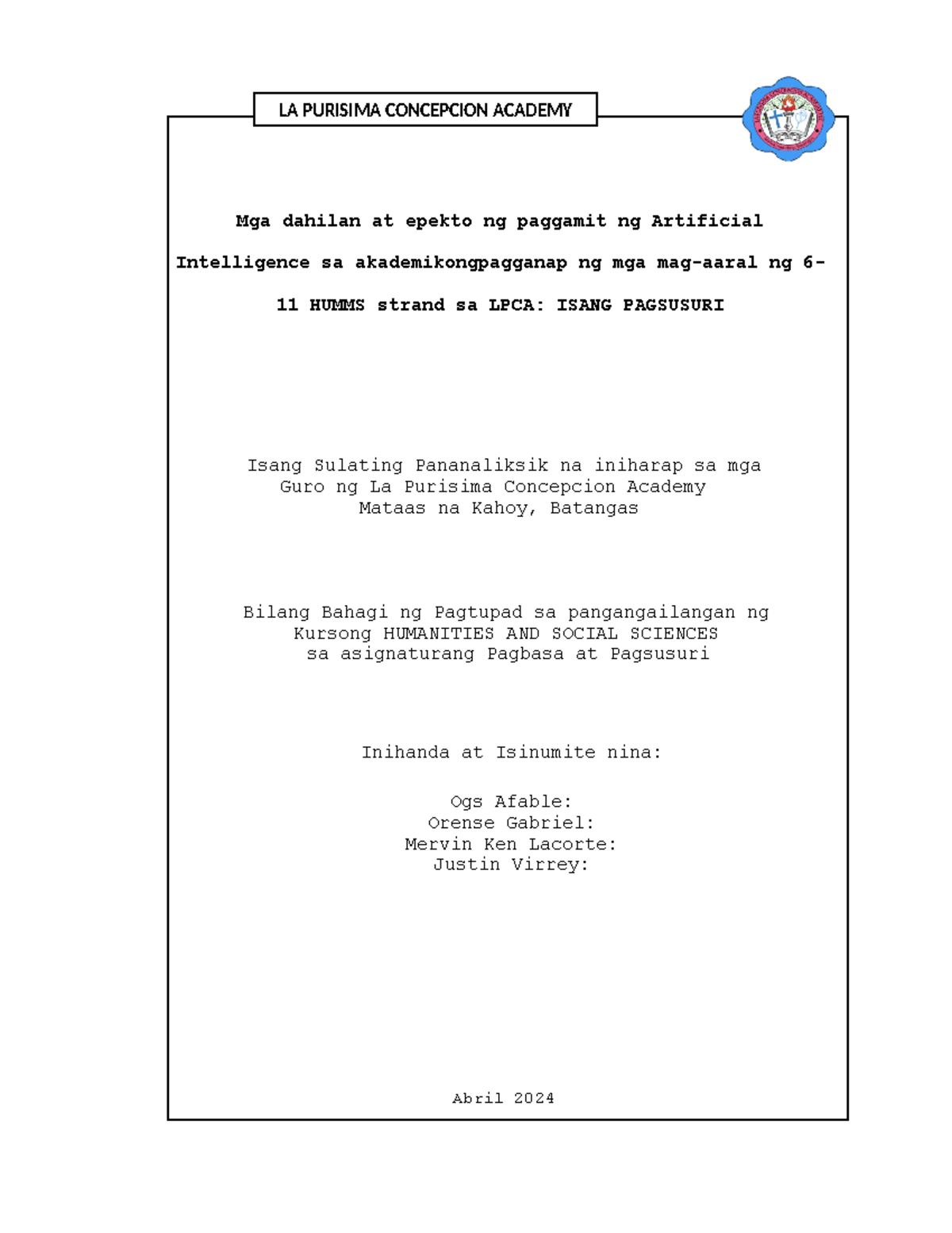 Kabanata 1 Template 2 2 - Mga dahilan at epekto ng paggamit ng Artificial Intelligence sa - Studocu