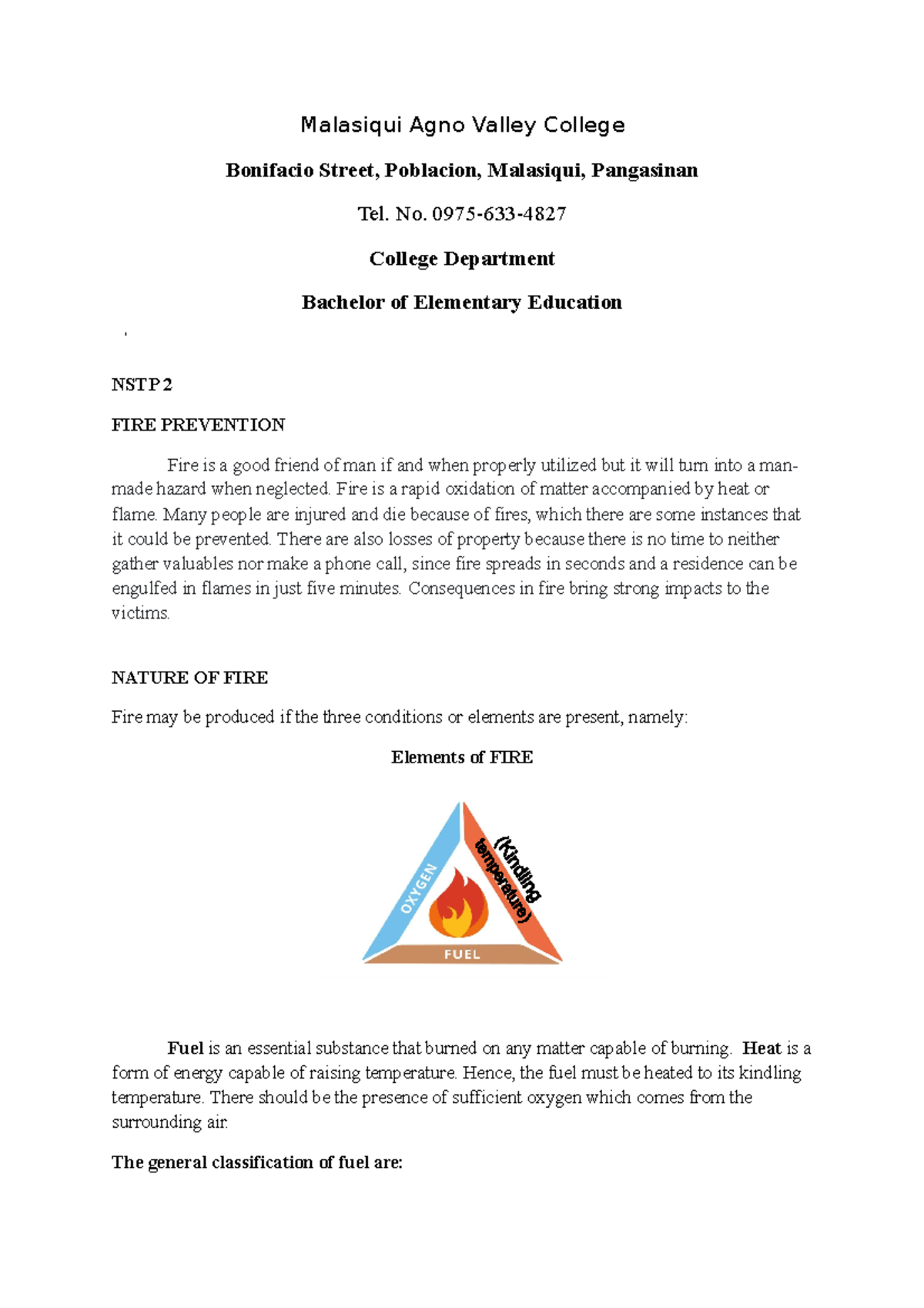 Fire Prevention - ppt - Malasiqui Agno Valley College Bonifacio Street ...